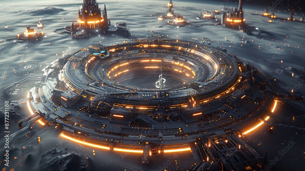 A futuristic high-tech ring that runs around the world. The ring is ...