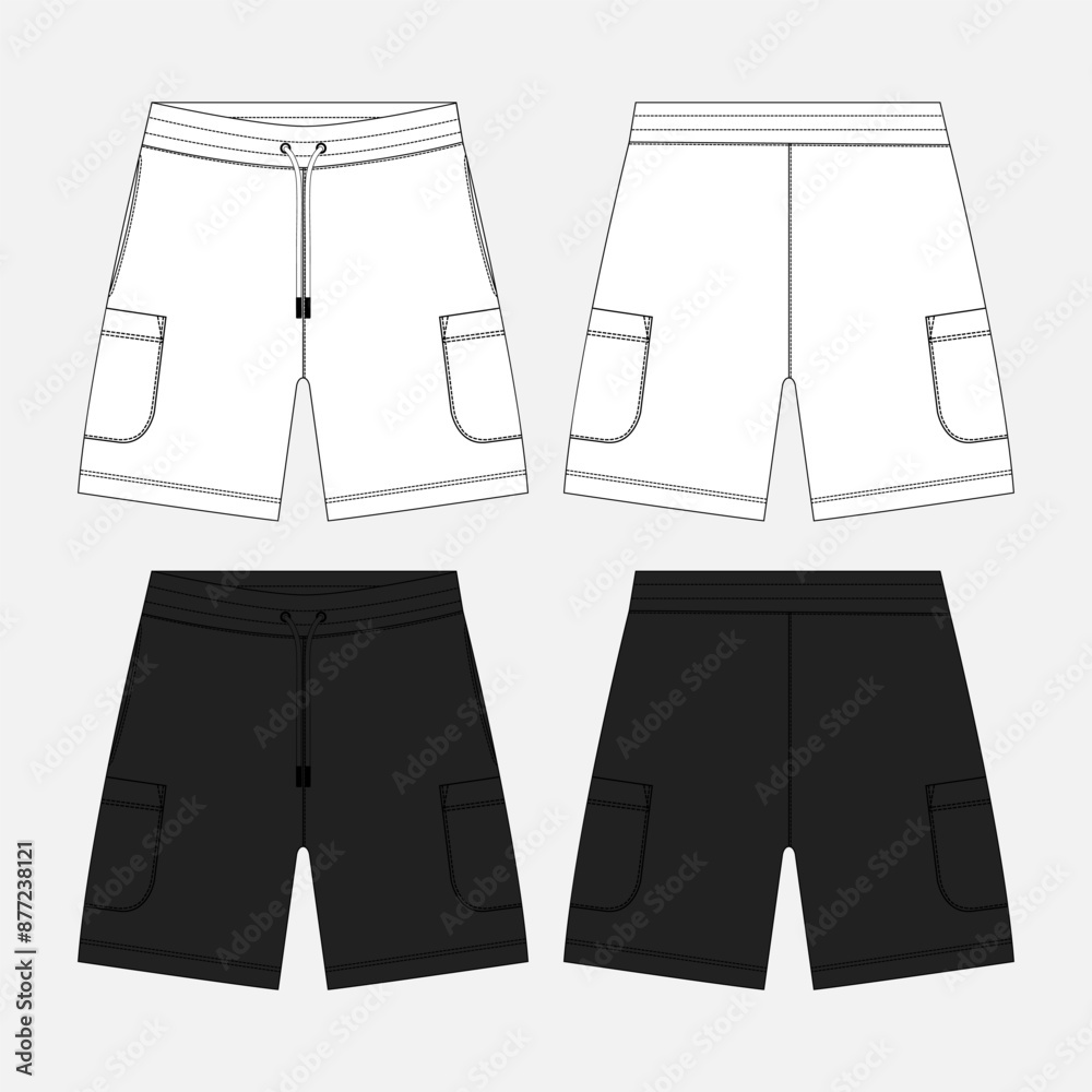 Black and white color shorts pants technical drawing fashion flat ...