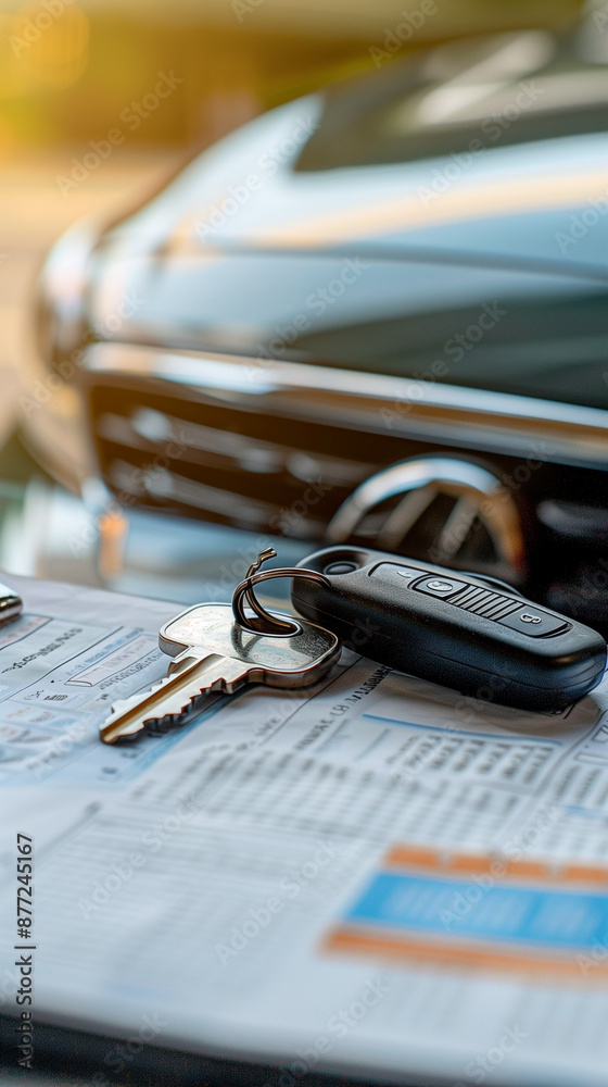 Shiny modern black car with car key on invoice contract, symbolising ...