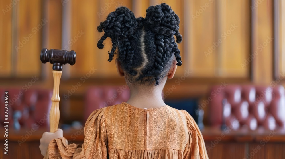 Back view of a child holding a gavel playing judge in a courtroom ...