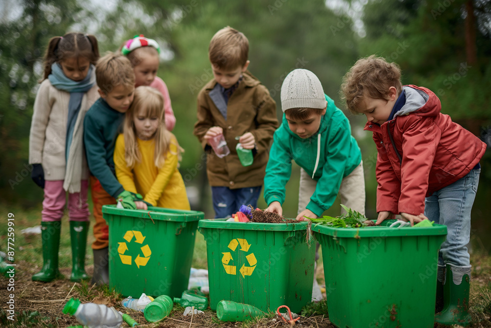 Children learning about recycling outside the classroom with a green ...
