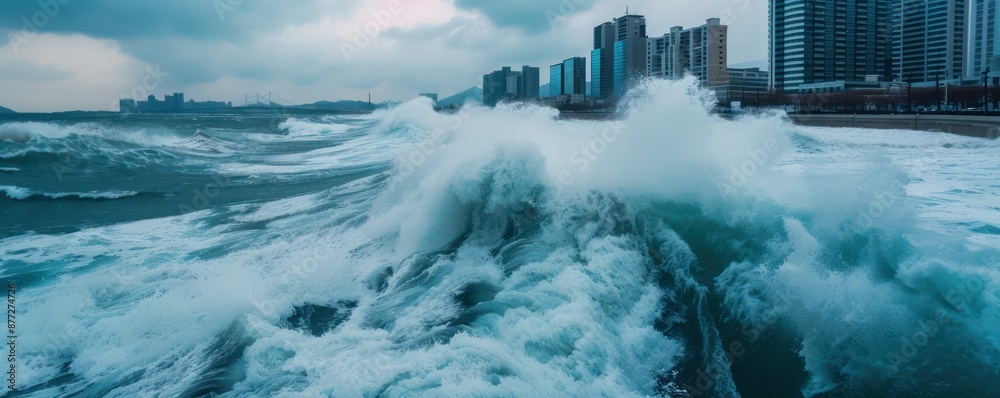 Powerful Tidal Waves Crashing Against Cityscape, Emergency Situation ...