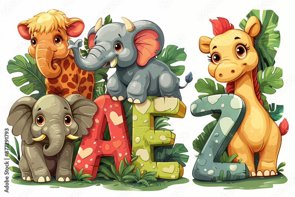 simple alphabets with pictures of animals, cute elephant and giraffe ...