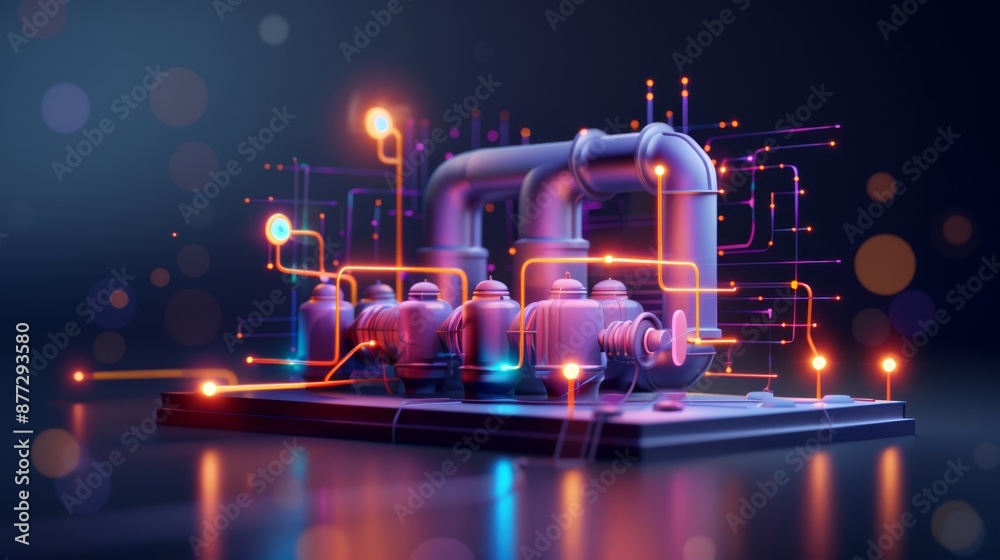 Abstract industrial concept with glowing pipes and circuits. Technology, innovation, futuristic ...