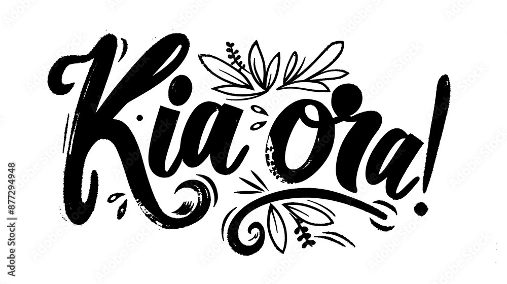 Kia Ora, a Maori language greeting in New Zealand illustration. Black ...