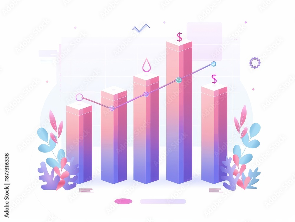 Colorful data visualization with bar chart, line graph, and abstract ...