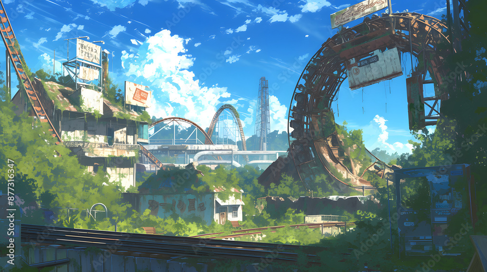 Illustration of a Amusement park, abondoned amusement park, sky and ...