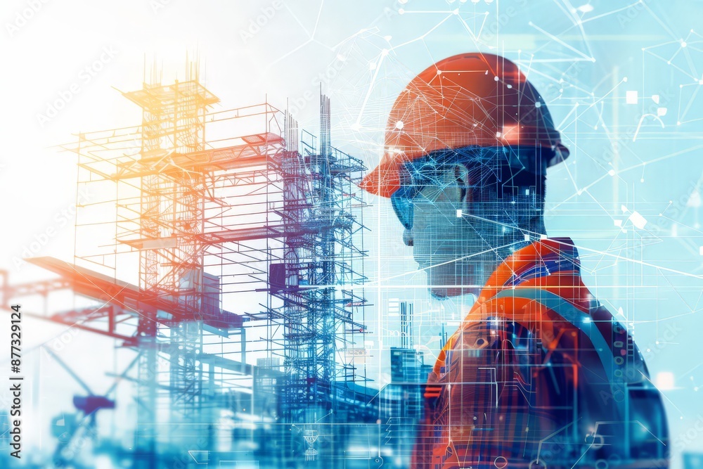 Civil engineer portrait hardhat helmet double exposure, construction ...
