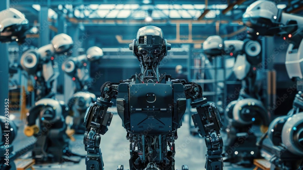 Engineer with mechanical exoskeleton suit, testing range of motion in ...