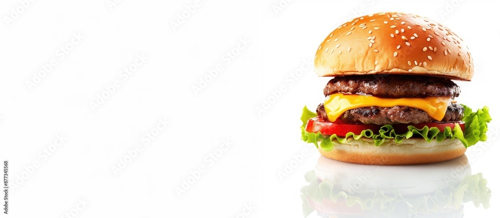 American classic cheeseburger on a white background with a reflection ...