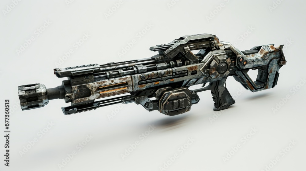 A sci-fi futuristic weapon with a scratched metal texture isolated on ...