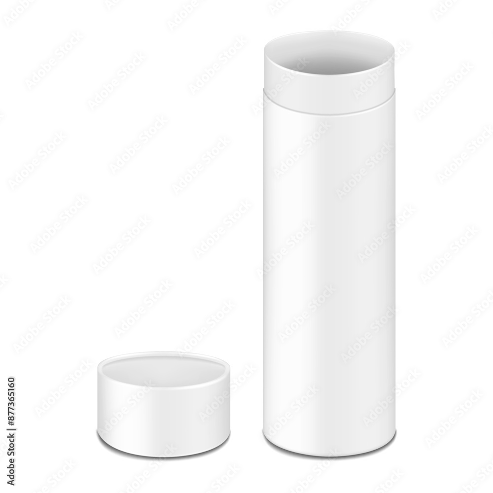 Open empty white blank tall tube shaped gift box with lid. Realistic 3d ...