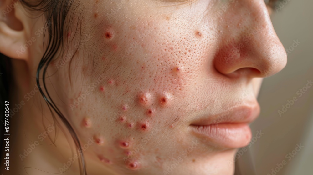 acne on woman face with rash skin, scar, and red skin syndrome allergic ...
