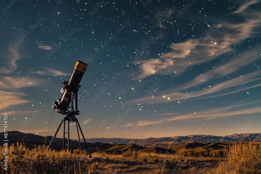 Foto de Stock Powerful telescope set up in an open field with an ...