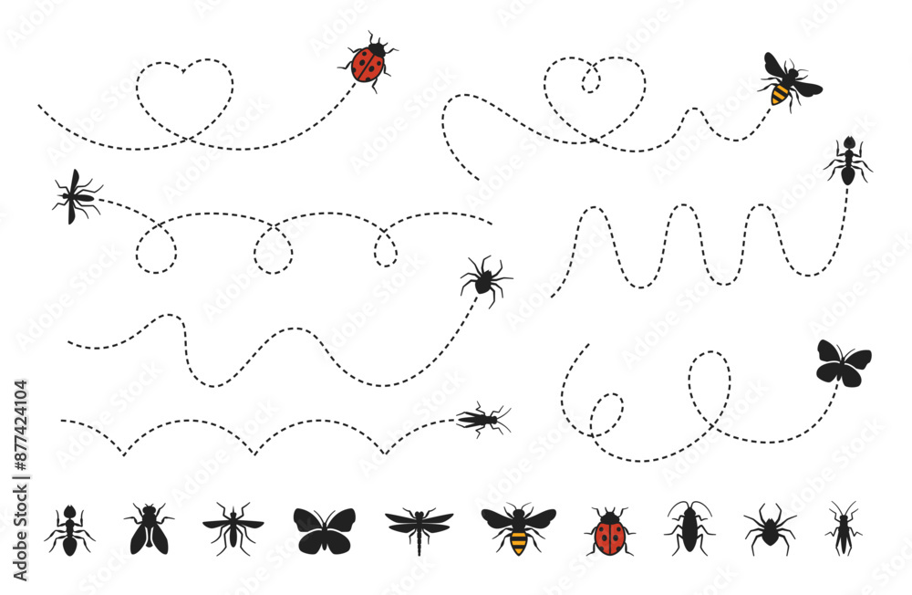 Dashed line insect route. Bee, mosquito and butterfly flight paths ...