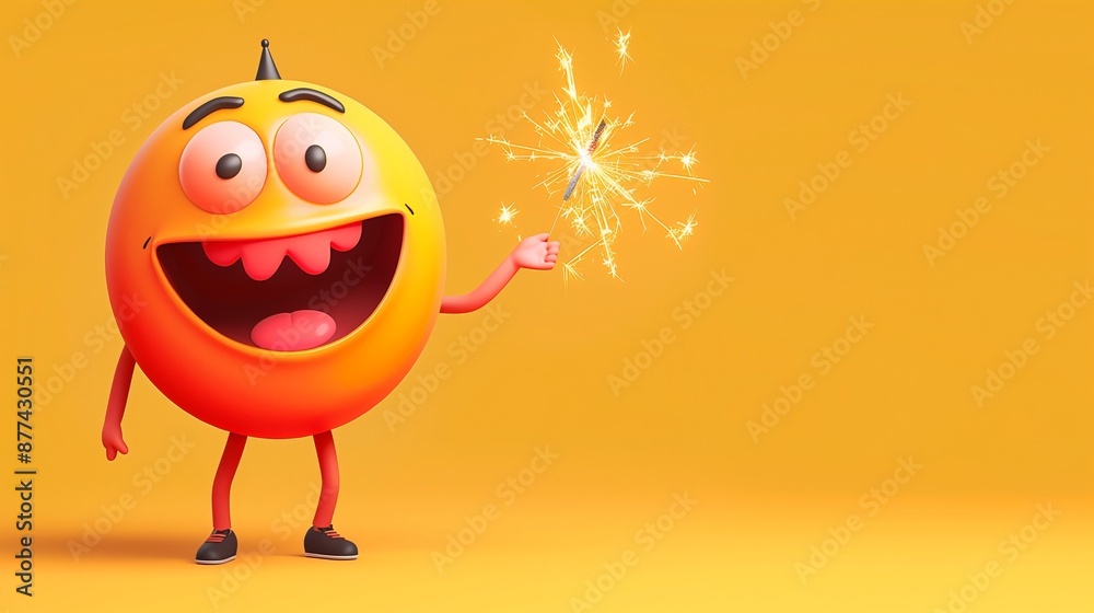 An excited emoji cartoon character with a sparkler, waving goodbye with ...