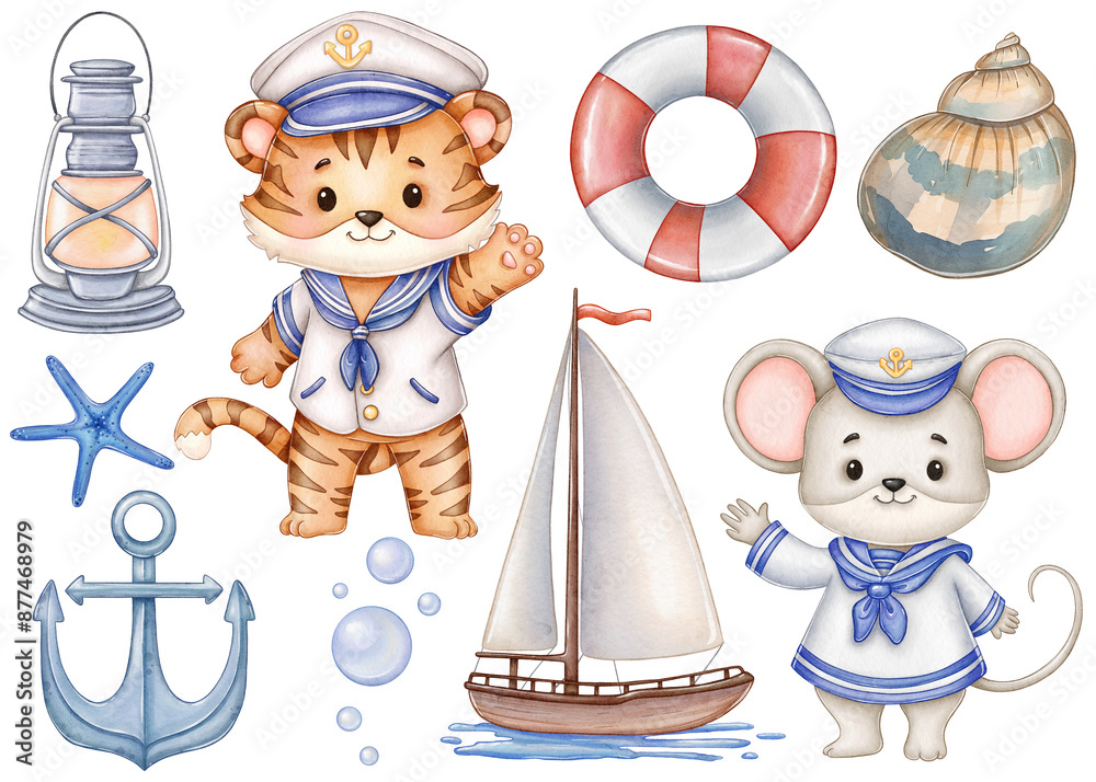 Animals sailors and nautical clipart set Stock Illustration | Adobe Stock