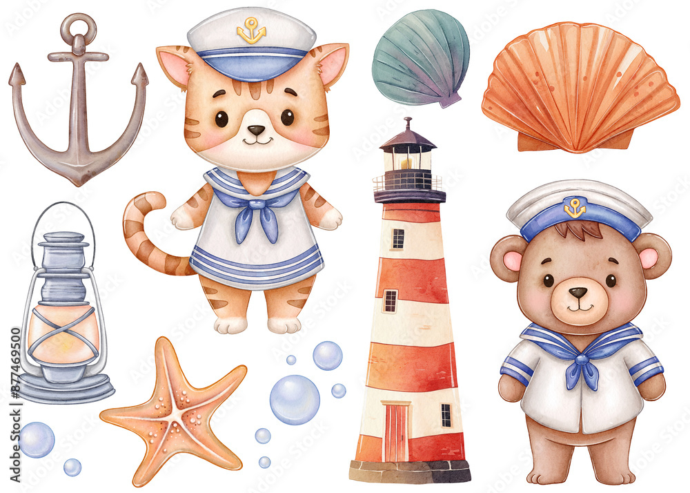 Animals sailors and nautical clipart set Stock Illustration | Adobe Stock