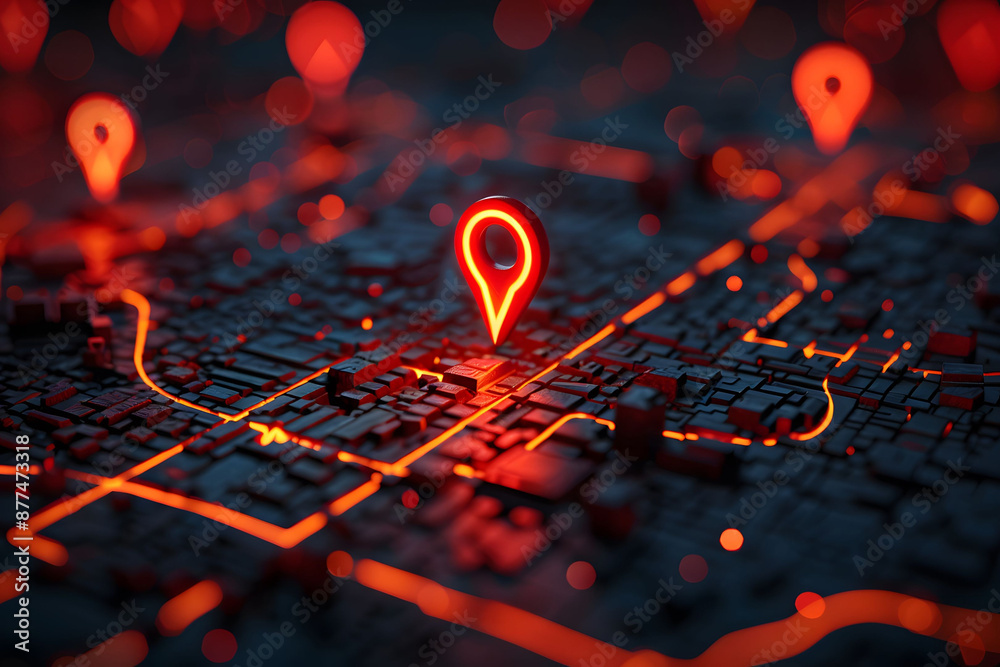 High-tech glowing map with red location pins highlighting points of interest, representing ...