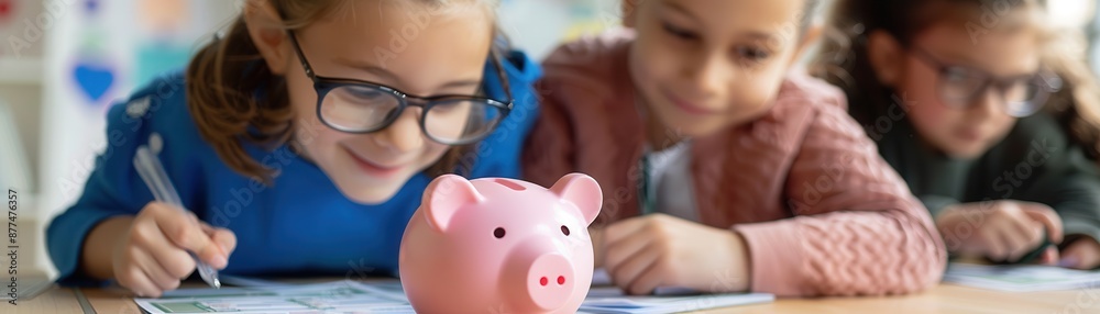 Children learning about savings and finance with piggy bank in ...