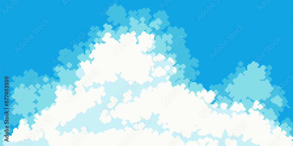 Blue sky with fluffy clouds pixel art background. Peaceful sunny ...