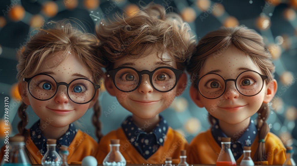 Three young children with glasses smile happily as they look at a ...