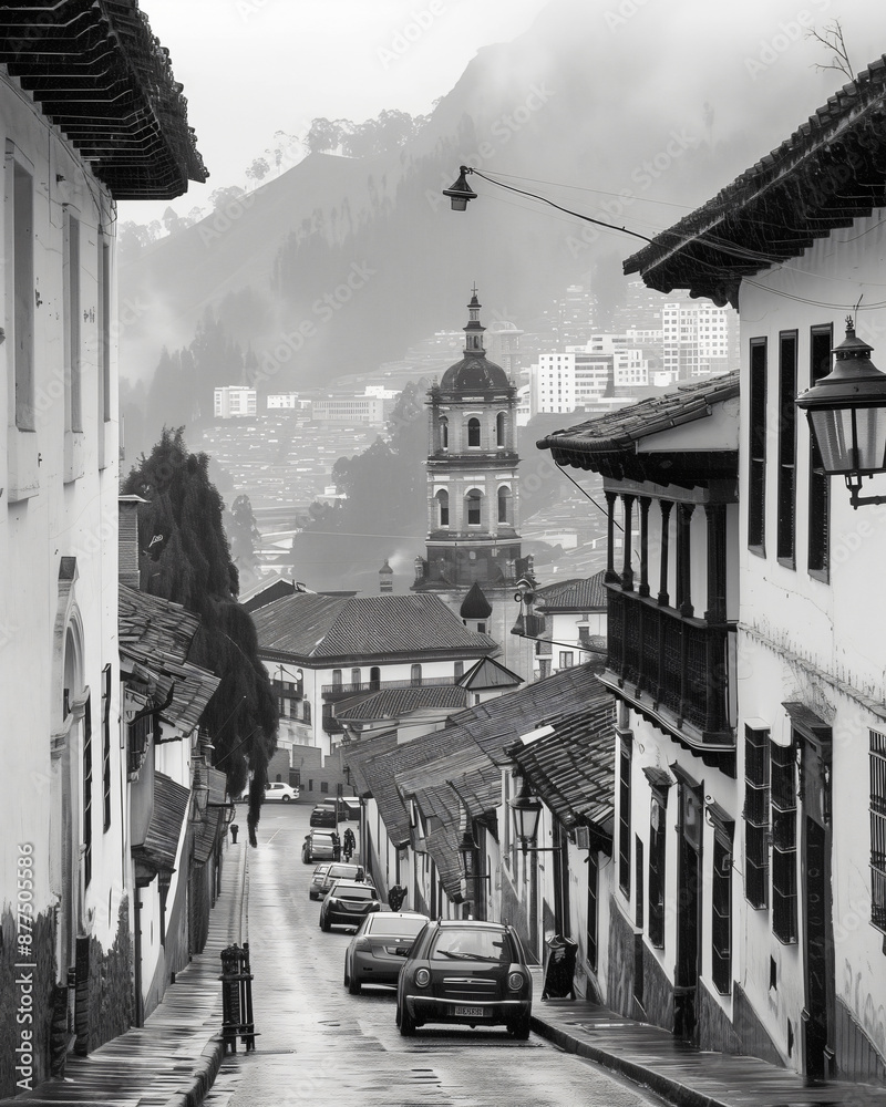 A black and white photo of a narrow, historic street in Bogota ...