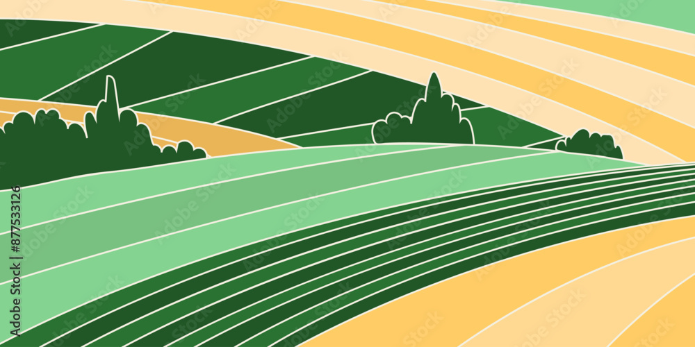 Abstract agriculture field or farm card banner. Vineyard valley pattern ...