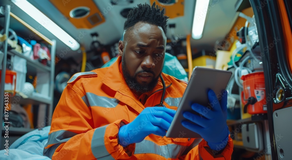 African American paramedic in ambulance checking patient details on ...