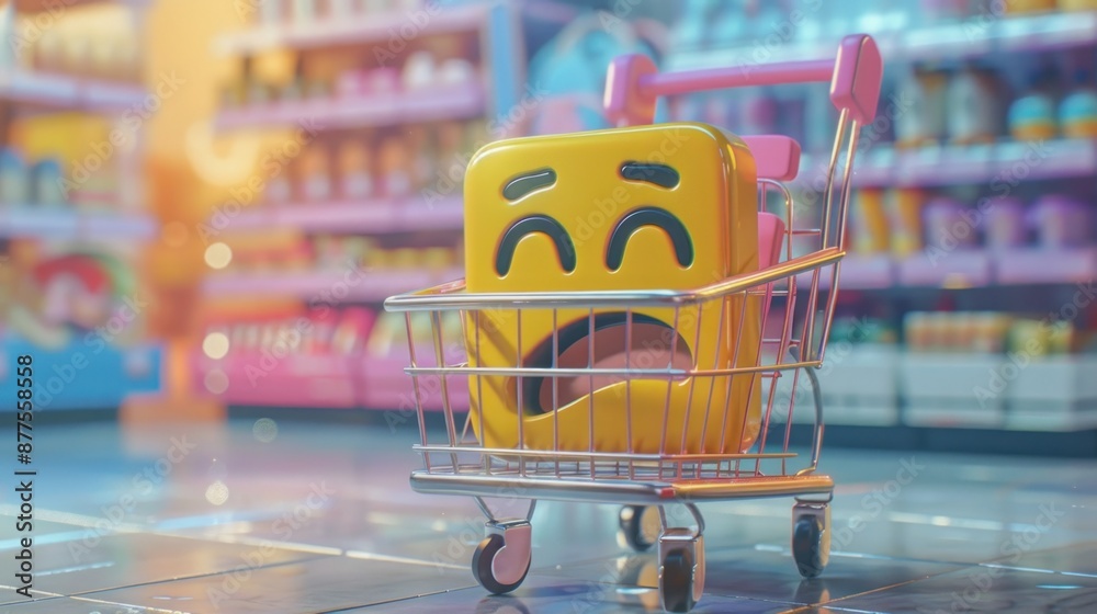 Sad Face Emoji in Shopping Cart at Grocery Store. Concept of Inflation ...