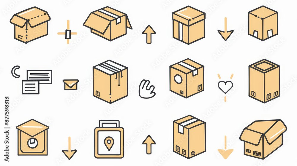 Box line icons set featuring cardboard boxes, mailing packages with ...