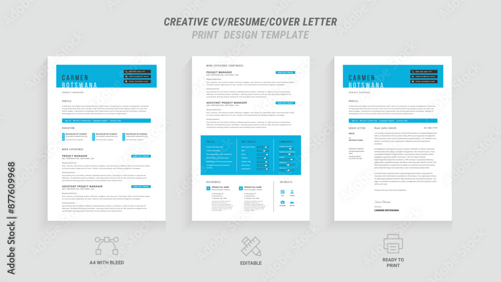 Vector de Stock Professional Resume and Cover Letter Template Set ...