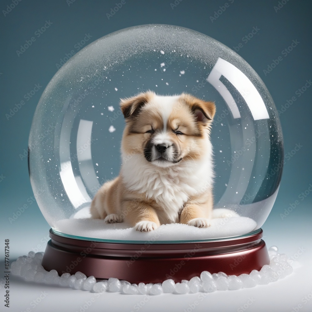 Adorable puppy playing in a festive snow-covered winter scene with ...