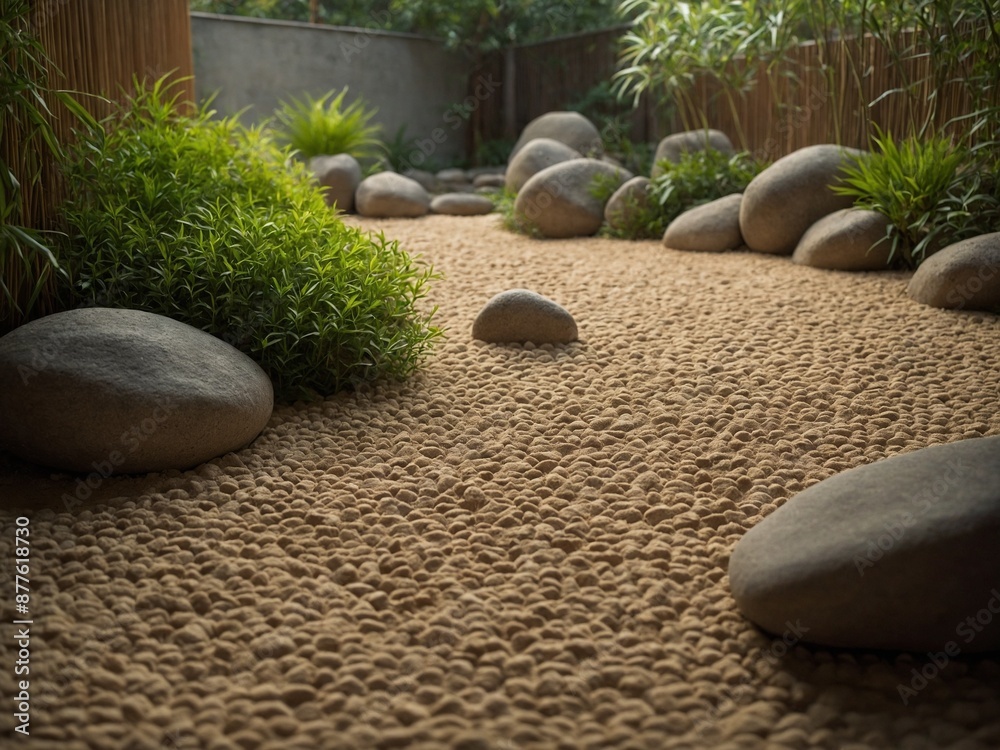 Japanese zen garden features carefully raked gravel, creating textured ...