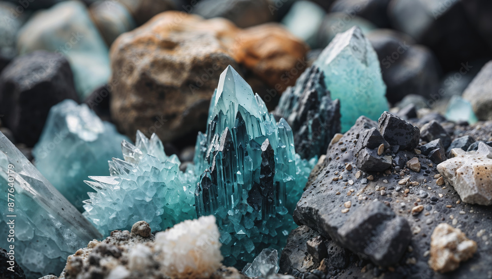 Opaque large aquamarine blue crystal point cluster on rough rock with ...