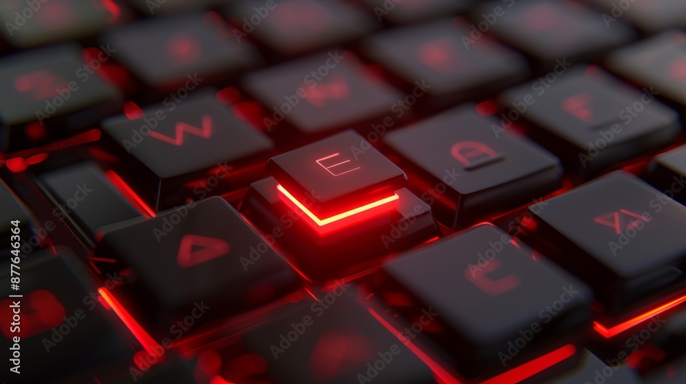 A black keyboard with an intense red backlight, focusing on the ...
