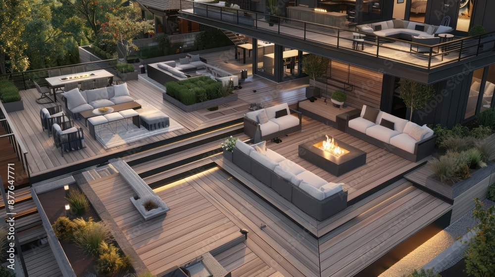 contemporary suburban house with a multi-level deck that includes ...