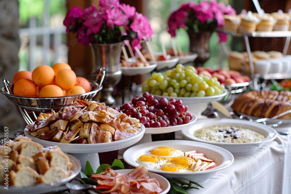 Brunch spread with a variet of dishes pastries. Village Breakfast with ...