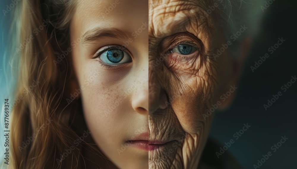 Aging duality young girl and old woman in split face, symbolizing ...