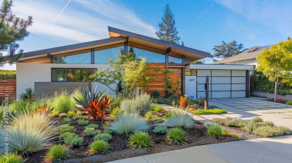 Suburban mid-century modern home with a front garden designed around ...