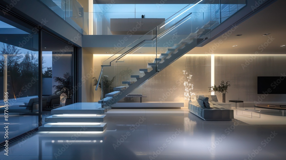 Contemporary suburban home with a minimalist, floating staircase ...