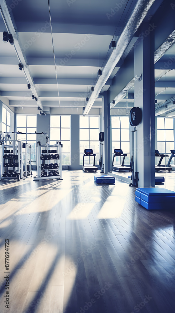 Modern gym interior with blue and grey tones, showcasing fitness ...