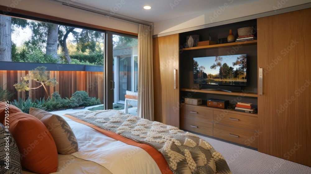 Mid-century modern suburban master bedroom with automated sliding ...
