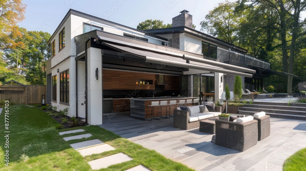 Suburban contemporary home with a back patio that includes a modular ...