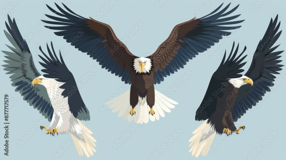 Three eagles depicted in vibrant colors with outstretched wings ...