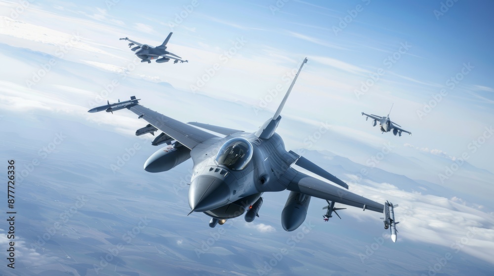 Three fighter jets are flying in formation in the sky Stock ...