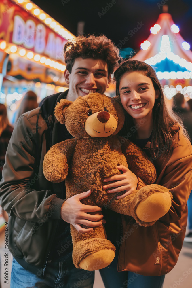 Photo Stock Happy young couple on a fun fair with large teddy bear. Two ...