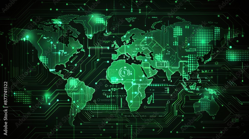 A green computer screen with a map of the world on it. The map is made ...