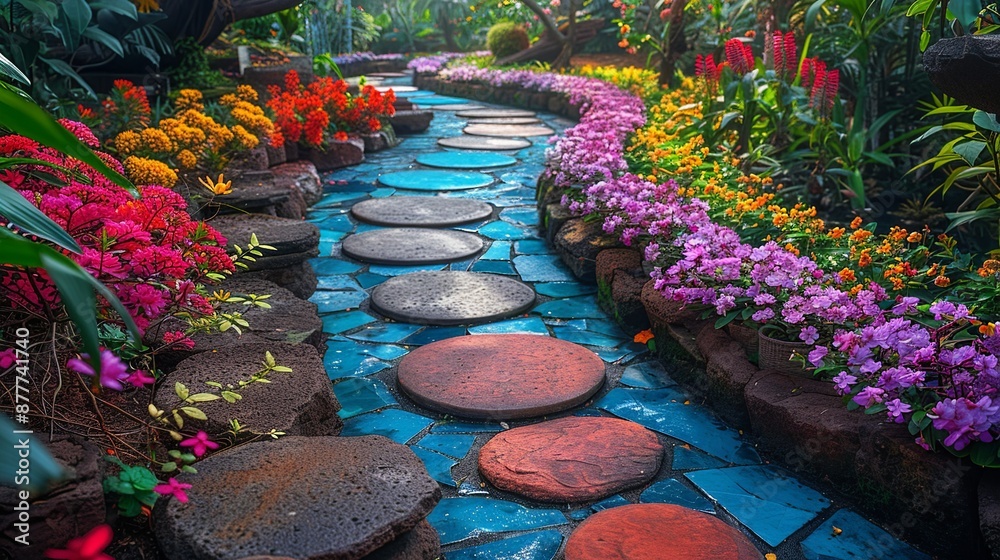 Rainbow garden paths meander through vibrant and lush gardens with a ...