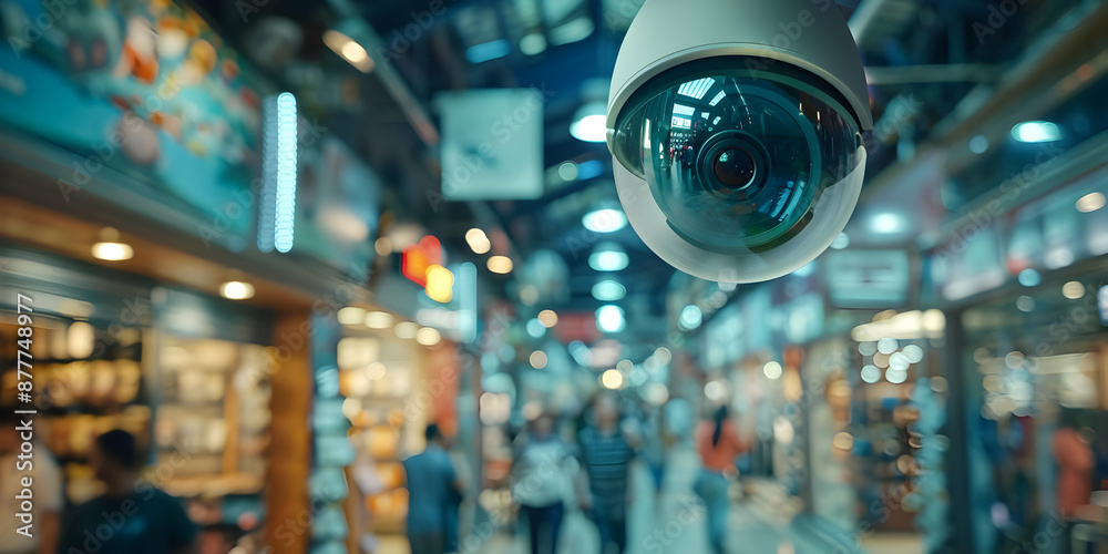 Surveillance camera in a busy shopping mall, ensuring security and ...